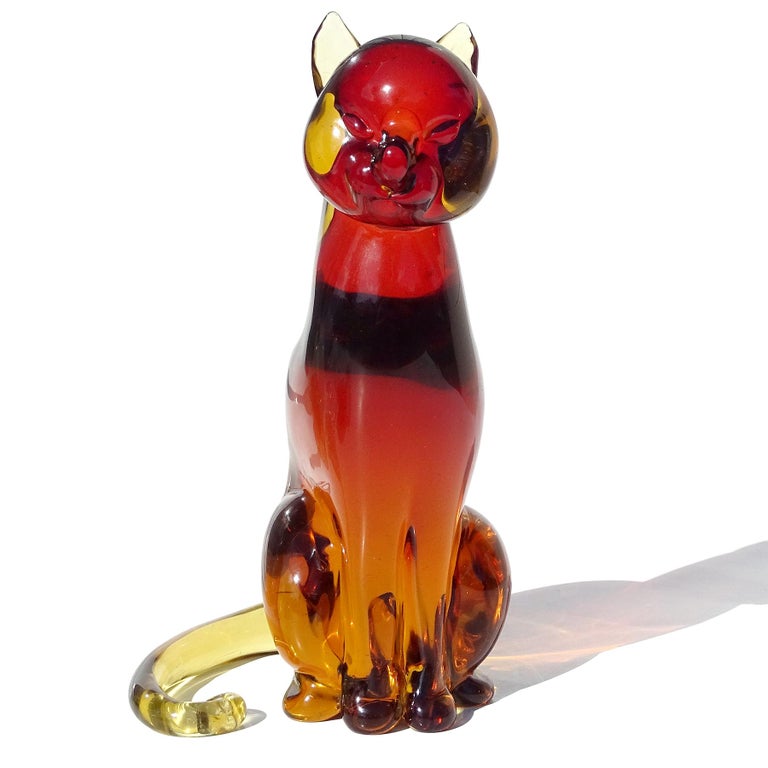 Seguso Murano Sommerso Red Orange Italian Art Glass Regal Kitty Cat ...