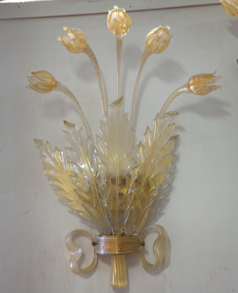 Seguso Pair of Sconces, Murano Glass with Gold Leaf, Tulips, Leaves and ...