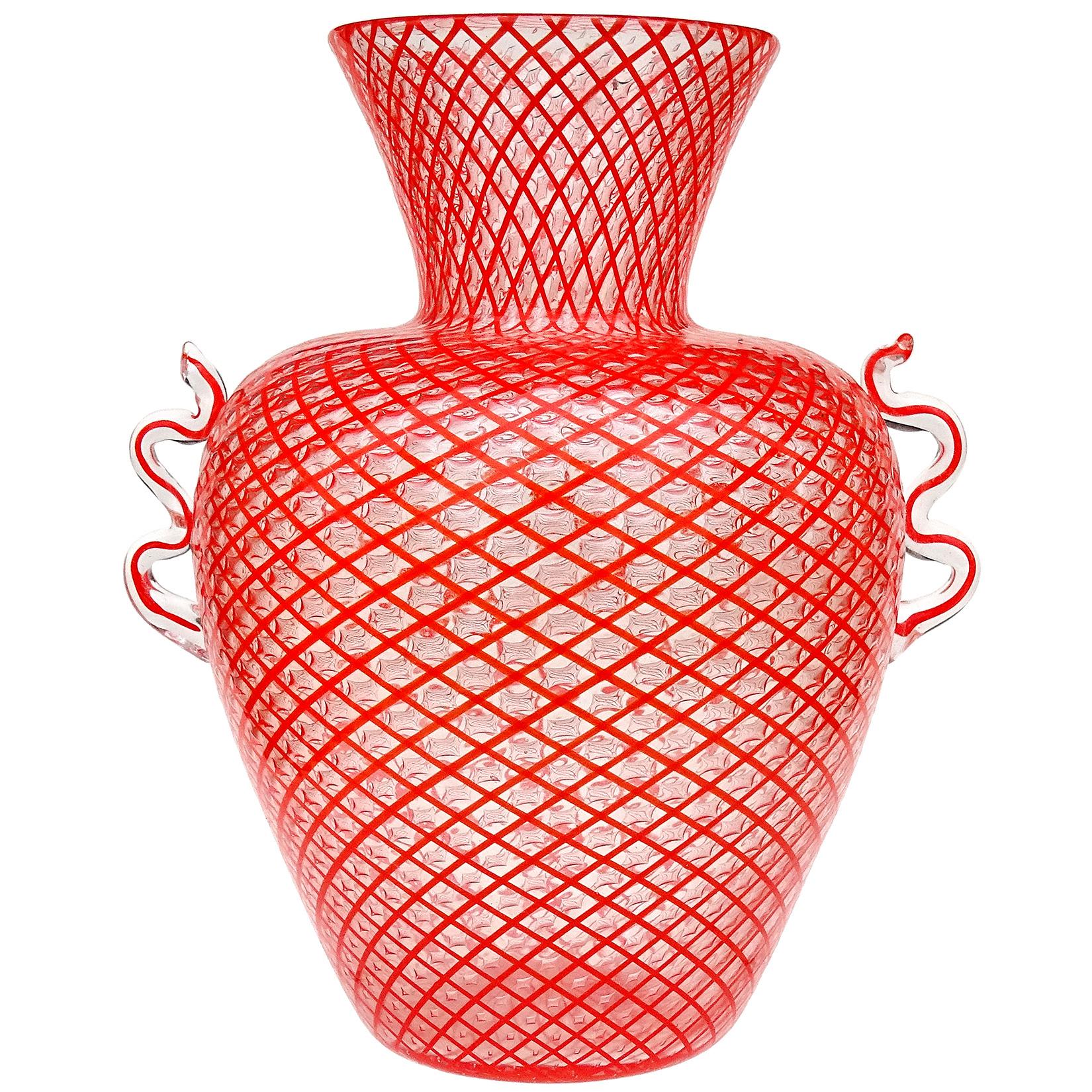 Modern Signed Red and White Ribbons Art Glass Gourd Flower Vase For ...