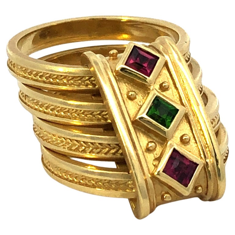 Seidengang 18k Yellow Gold Tourmaline and Tsavorite Stack Ring For Sale ...