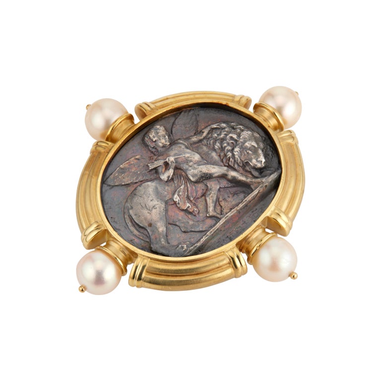 SeidenGang Large Cultured Pearl Yellow Gold Silver Medallion Brooch For ...