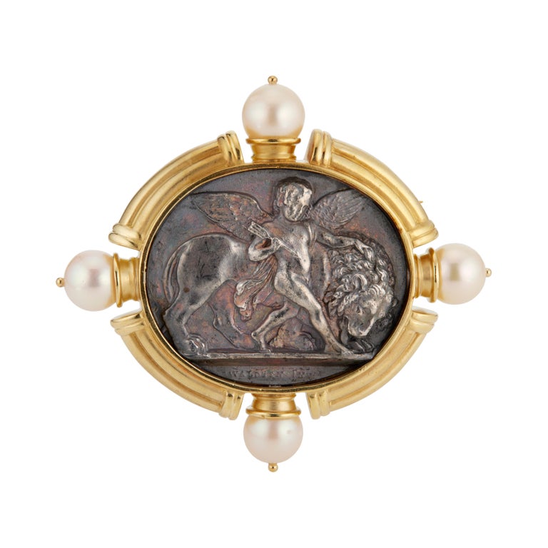 SeidenGang Large Cultured Pearl Yellow Gold Silver Medallion Brooch For ...