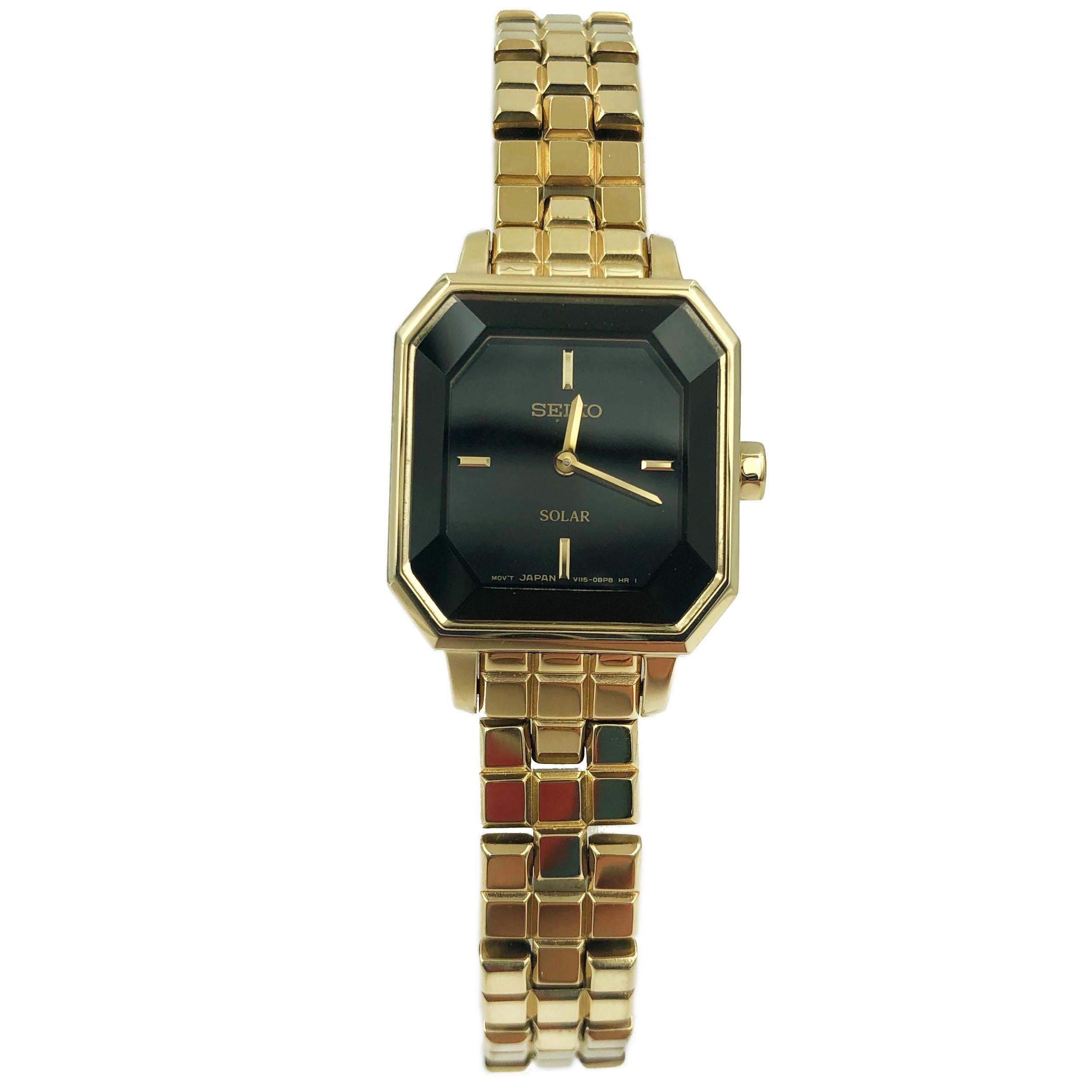 Seiko Solar Gold Tone Stainless Steel Black Dial Quartz Ladies Watch ...