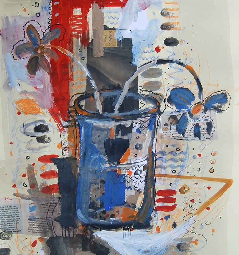 Sekhar Kar - Flower Vase, Mixed Media on paper, Red, Blue, Black by ...