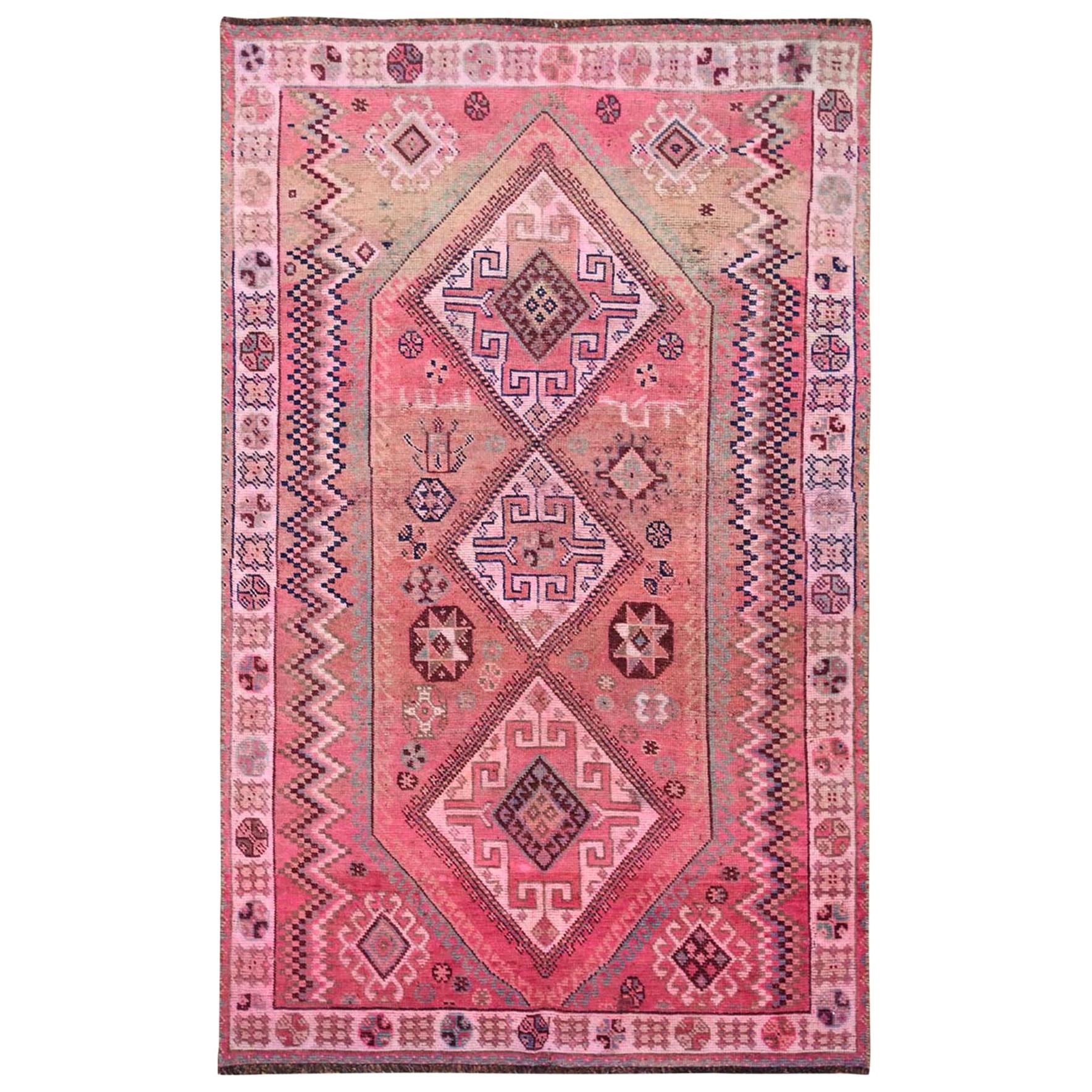 Semi Antique Coral Handmade Persian Shiraz Worn Down Bohemian Wool Rug ...