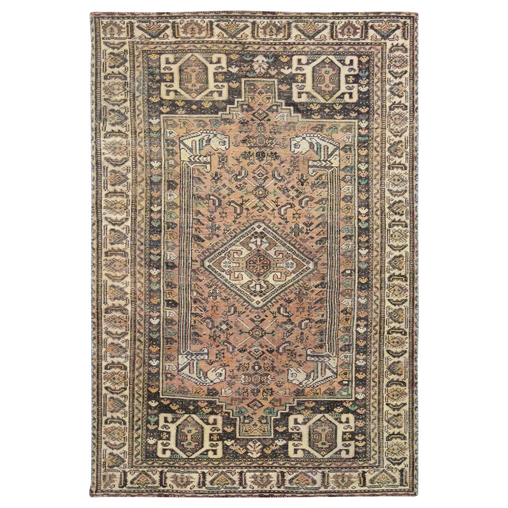 Semi Antique Coral Handmade Persian Shiraz Worn Down Bohemian Wool Rug ...