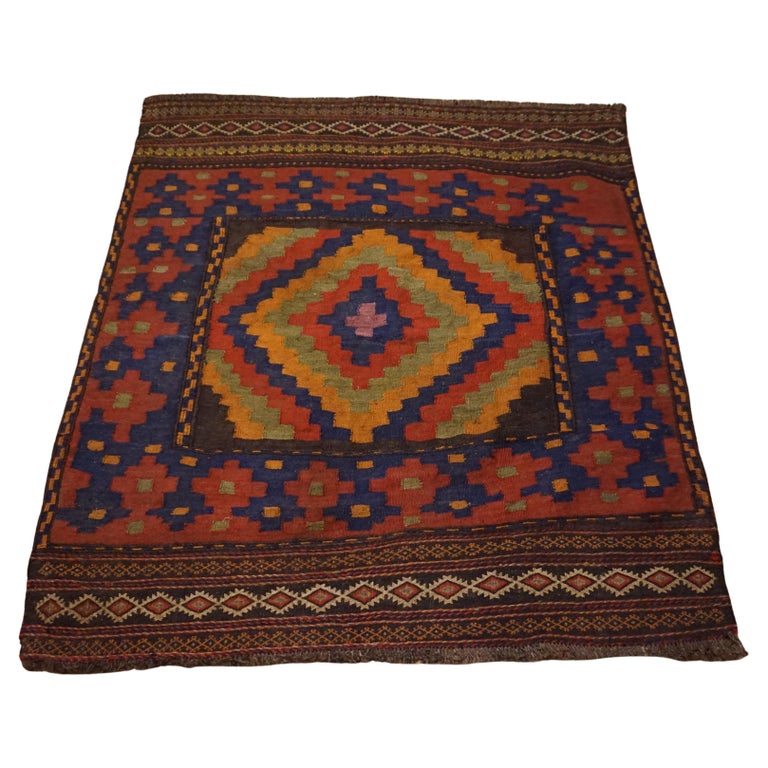 Semi Antique Square Hand-Knotted Flatweave Kilim Rug For Sale at 1stDibs