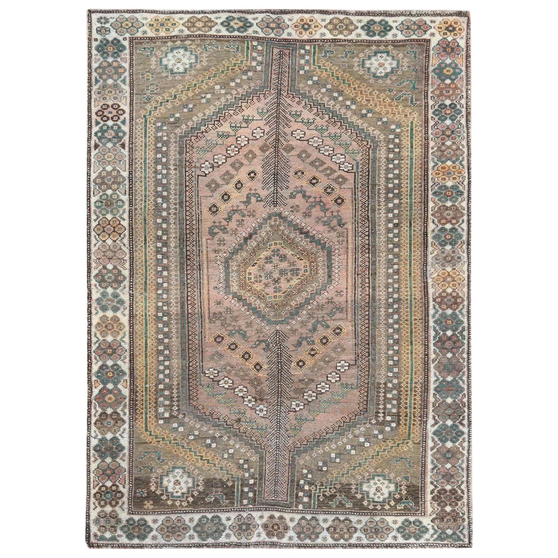 Semi Antique Coral Handmade Persian Shiraz Worn Down Bohemian Wool Rug ...