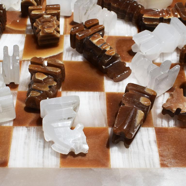 Semi Precious Stone Chess Set in Brown and Cream with Hand Carved Game ...