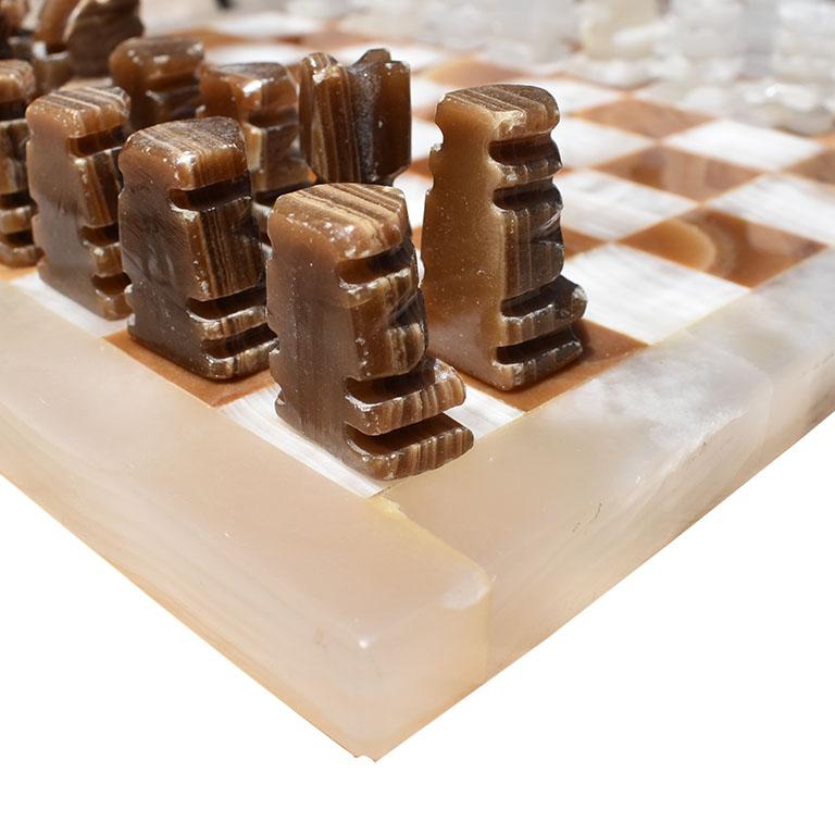 Semi Precious Stone Chess Set in Brown and Cream with Hand Carved Game ...