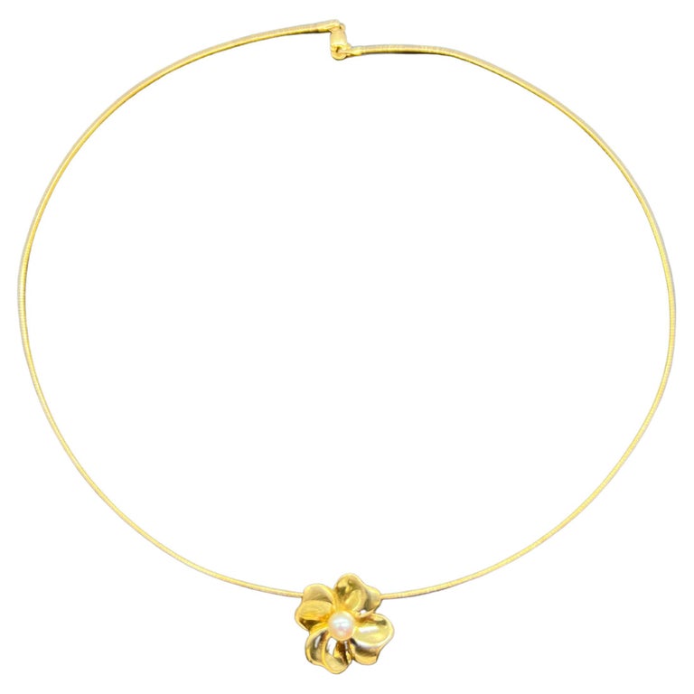 Semi-Rigid Omega Mesh Necklace with Flower Pendant and Cultured Pearl ...