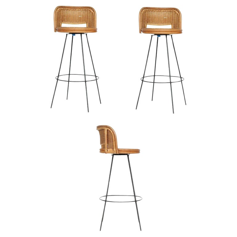 Seng of Chicago Swivel Wicker and Iron Bar Stools, Set of 3 at 1stDibs