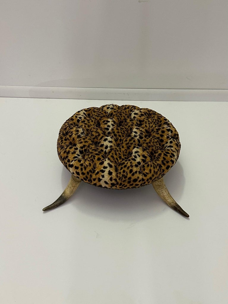 Sensational Anique Round Tufted Faux Leopard Stool with Horn Legs For ...