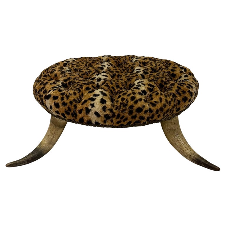 Sensational Anique Round Tufted Faux Leopard Stool with Horn Legs For ...