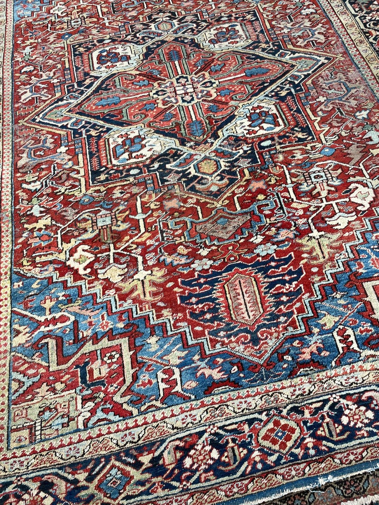 Sensational Antique Rug with Water Blue Corners, Greens, and Corals, c ...