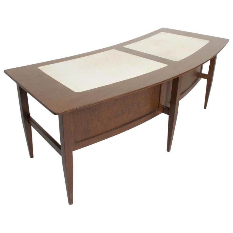 Dramatic Curved DESK in Mahogany and Luxe Goatskin on Tapered Legs ...