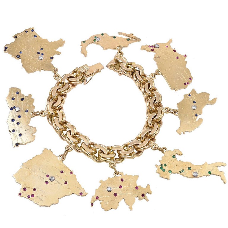Sensational Gold Gemset Map Charm Bracelet at 1stDibs