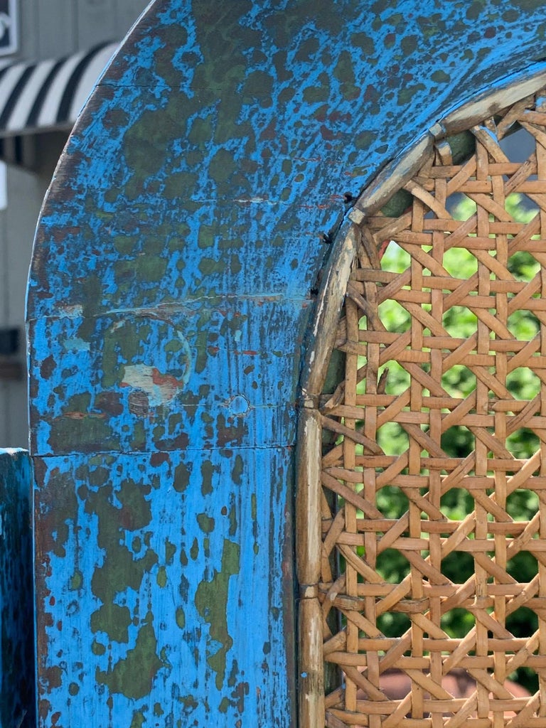 Sensational Turquoise Scrubbed Wood and Caned 3 Panel Screen For Sale ...