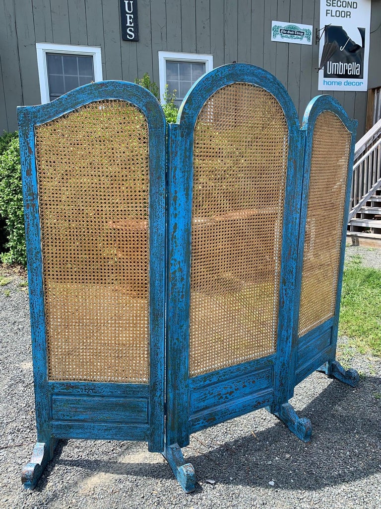 Sensational Turquoise Scrubbed Wood and Caned 3 Panel Screen For Sale ...