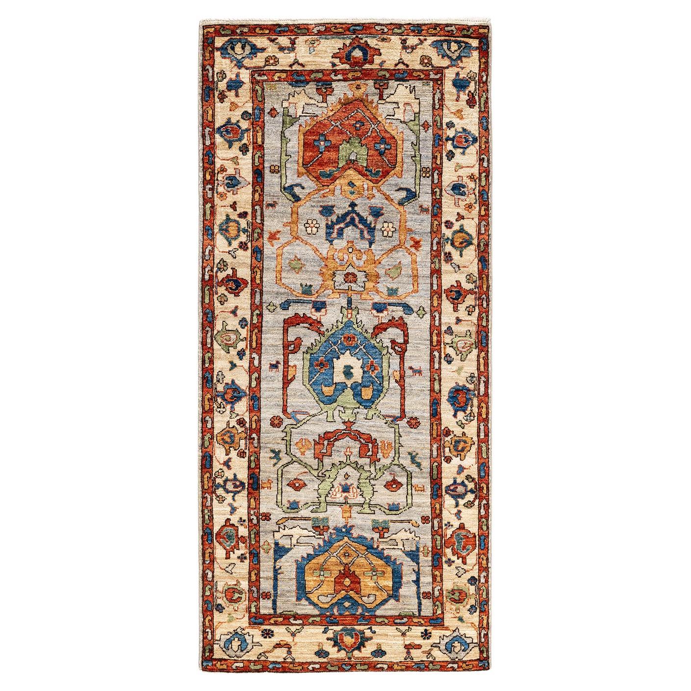 One of a Kind Colorful Wool Hand Knotted Runner Rug, Seafoam at 1stDibs