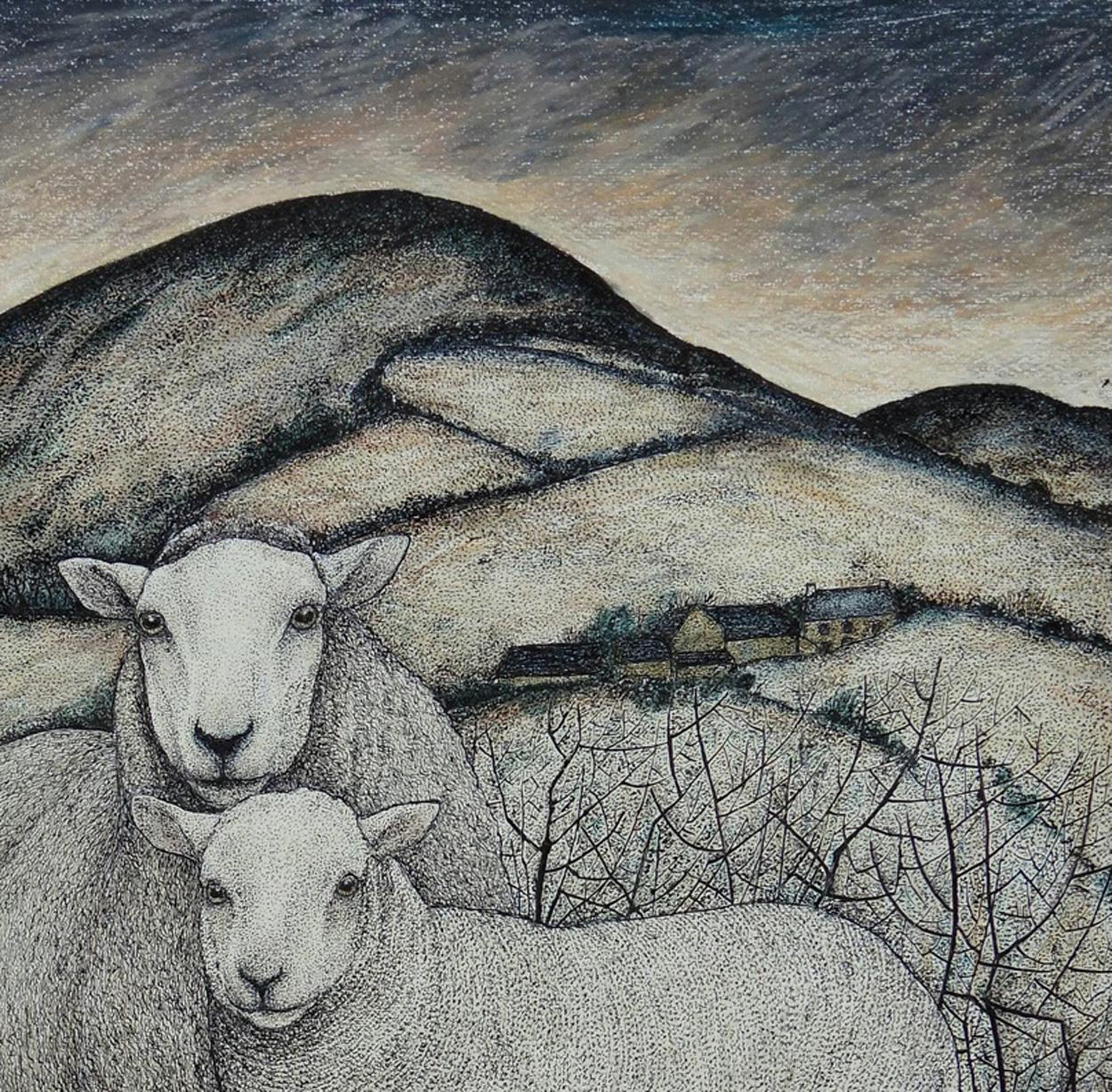 Seren Bell, Welsh Artist, Mixed Media on Paper, Ewe and Lamb, Radnor ...