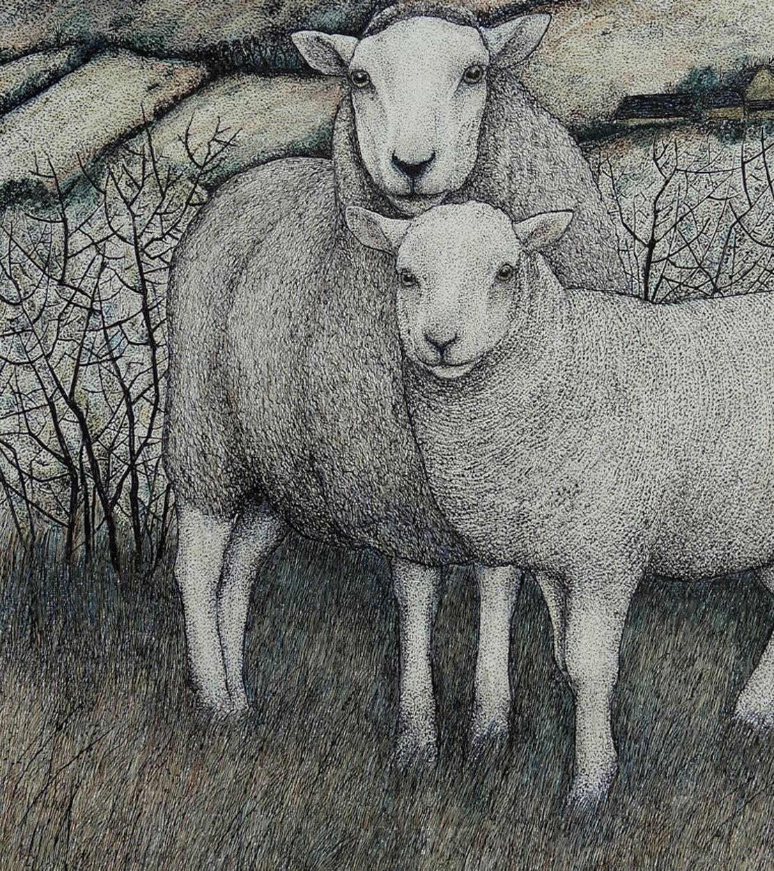 Seren Bell, Welsh Artist, Mixed Media on Paper, Ewe and Lamb, Radnor ...