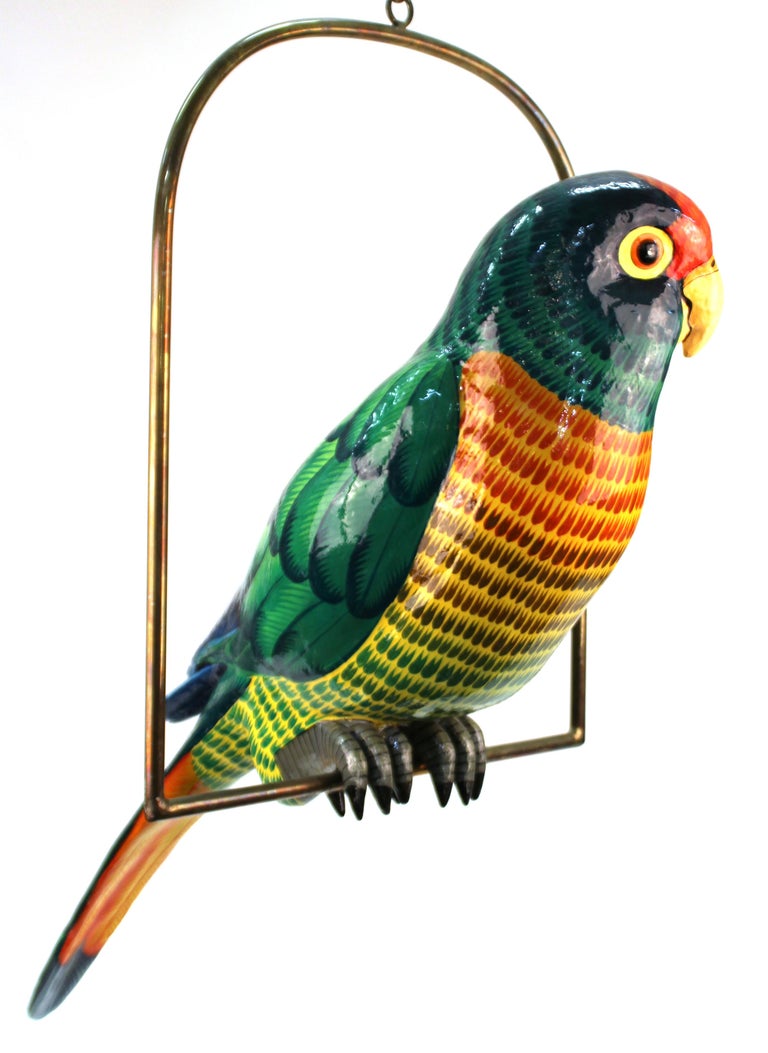 Sergio Bustamante Parrot Sculpture in Paper Mâché on Brass Swing at ...