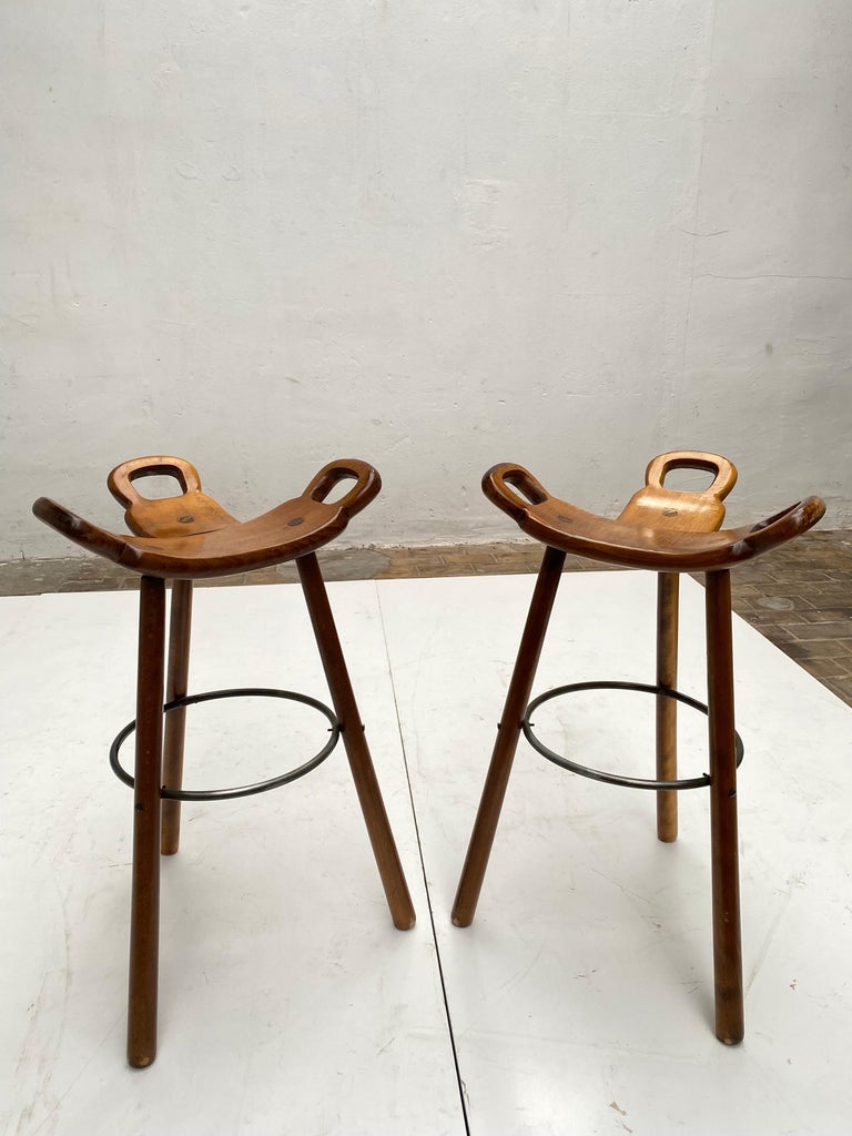 Sergio Rodrigues for Confonorm Pair of Brutalist Birch Bar Stools Spain ...