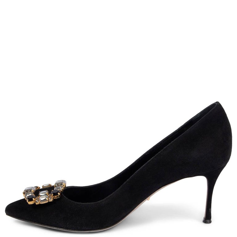 SERGIO ROSSI black suede CRYSTAL CLASP Pumps Shoes 38 For Sale at 1stDibs