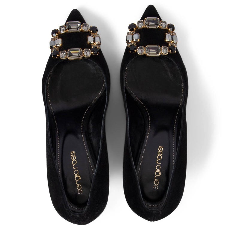 SERGIO ROSSI black suede CRYSTAL CLASP Pumps Shoes 38 For Sale at 1stDibs