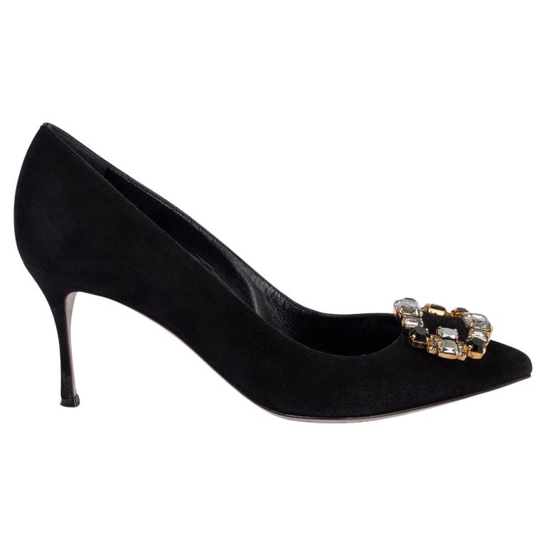 SERGIO ROSSI black suede CRYSTAL CLASP Pumps Shoes 38 For Sale at 1stDibs