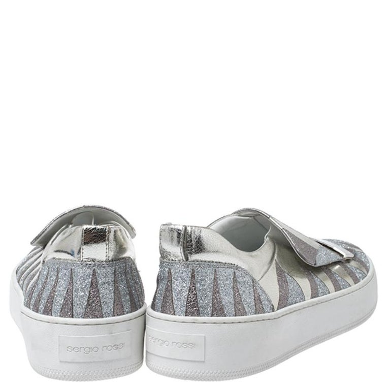 Sergio Rossi Silver Metallic Leather and Glitter Blair Slip on Sneakers ...