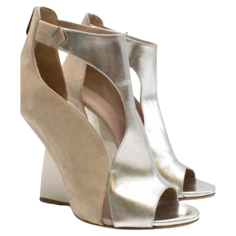 Sergio Rossi Suede and Silver Peep Toe Wedge Heel Sandals For Sale at ...