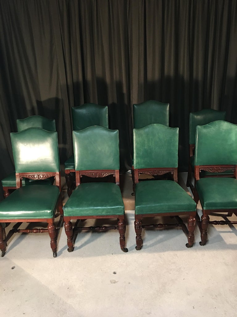 Series of 8 English Chairs in Green Leather, Mahogany, Early 20th ...