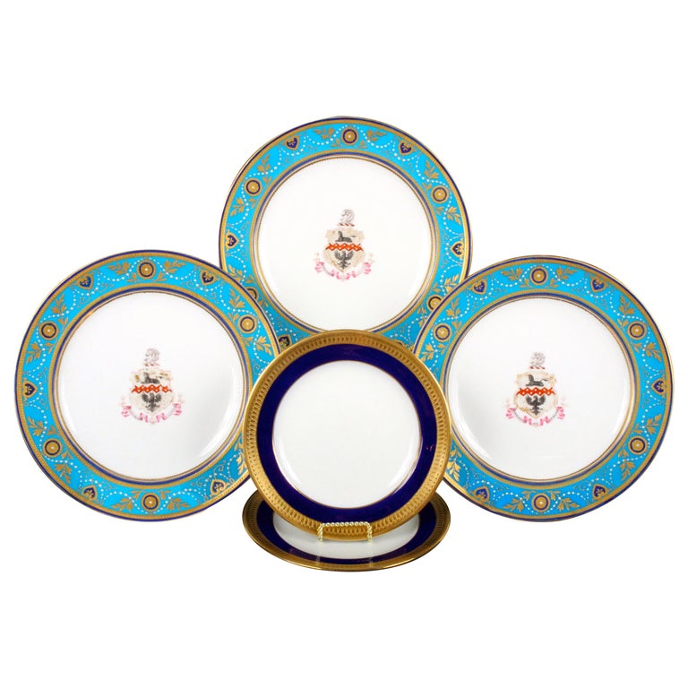Service of Minton Turquoise and Gold Encrusted Armorial Plates with ...