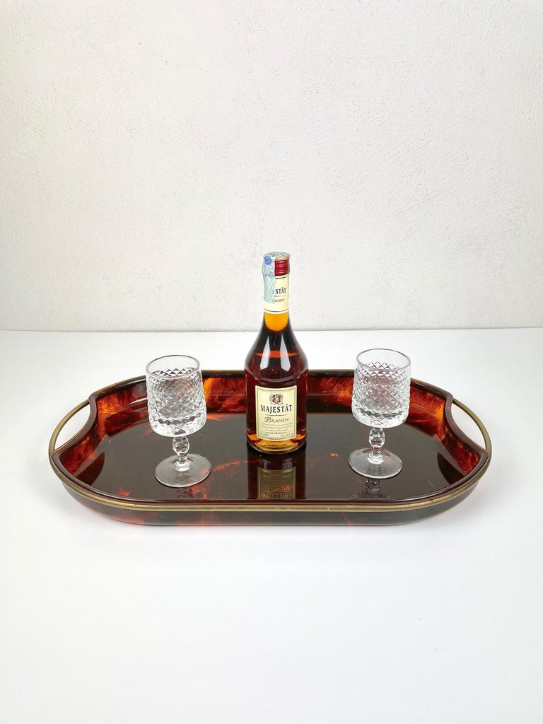 Serving Tray Faux Tortoise Shell Lucite and Brass, Italy, 1970s at 1stDibs