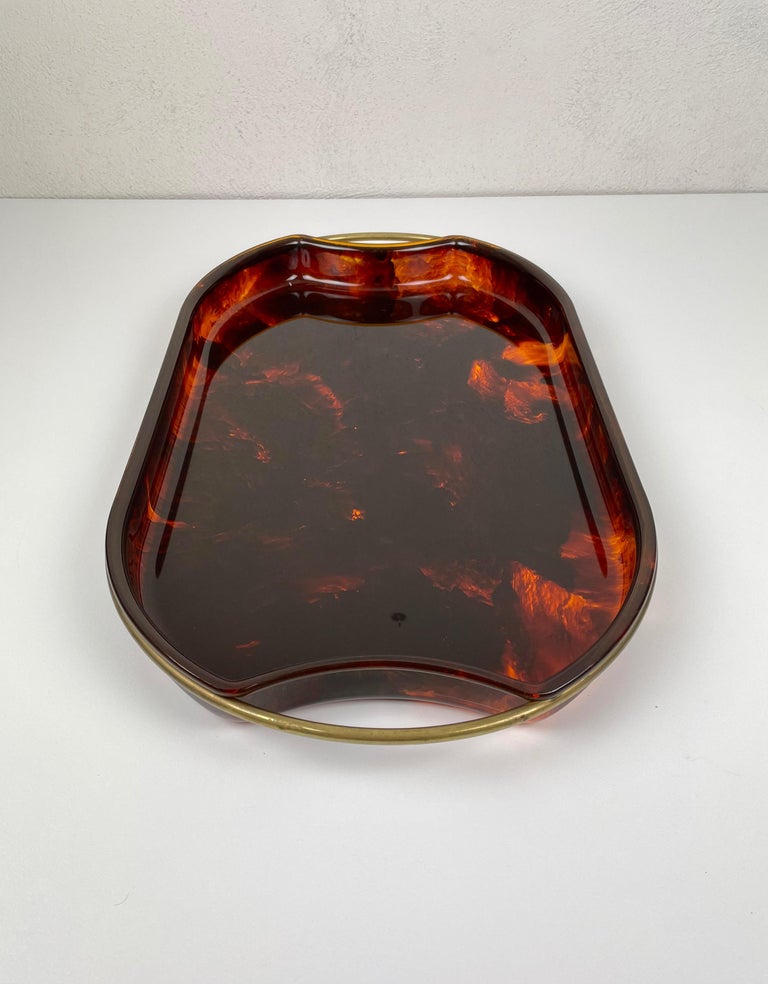 Serving Tray Faux Tortoise Shell Lucite and Brass, Italy, 1970s at 1stDibs