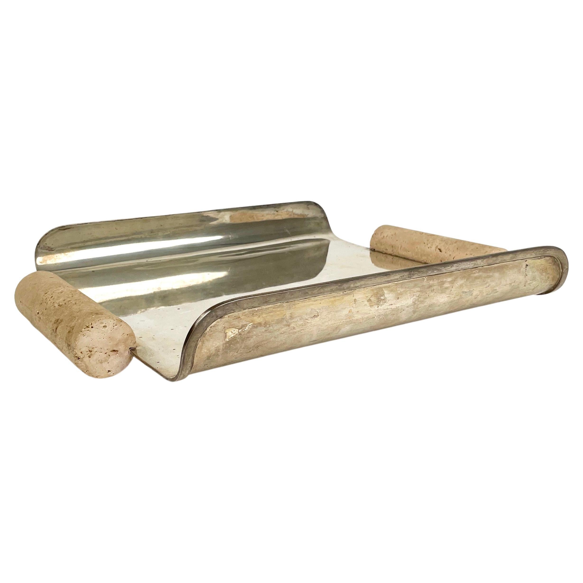 Serving Tray in Silver Metal and Travertine, Italy 1970s at 1stDibs