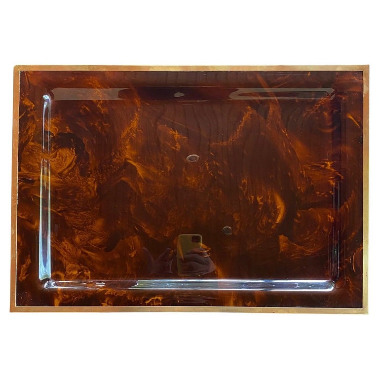 Serving Tray in Tortoiseshell Lucite and Brass Christian Dior Style, France 70s For Sale at 1stDibs