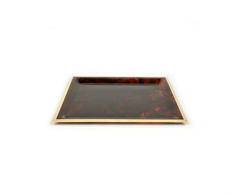 Serving Tray in Tortoiseshell Lucite and Brass Christian Dior Style, Italy 1970s For Sale at 1stDibs