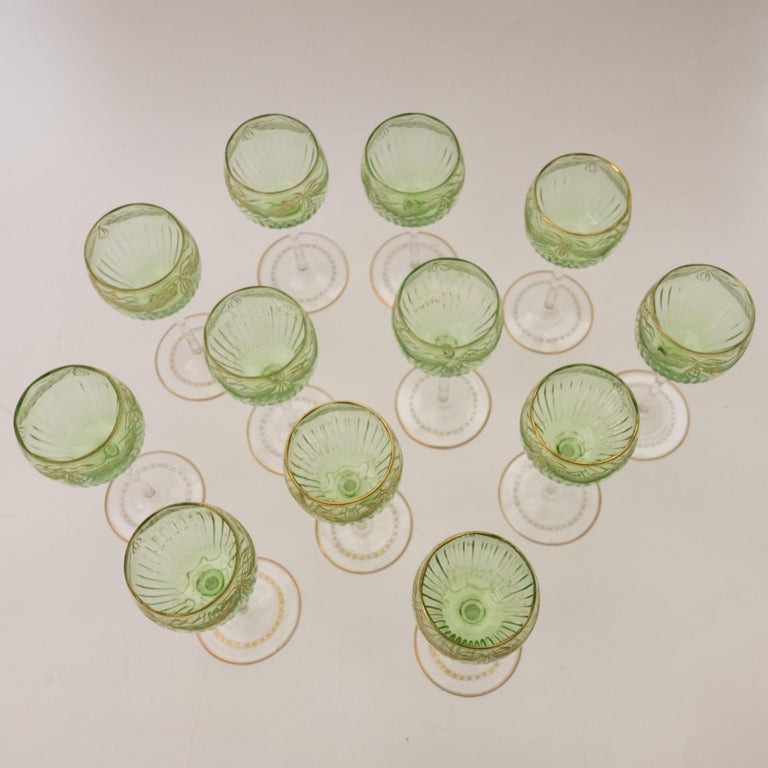Set 12 Green Gilt Wine Glasses Antique French Circa 1880s For Sale At