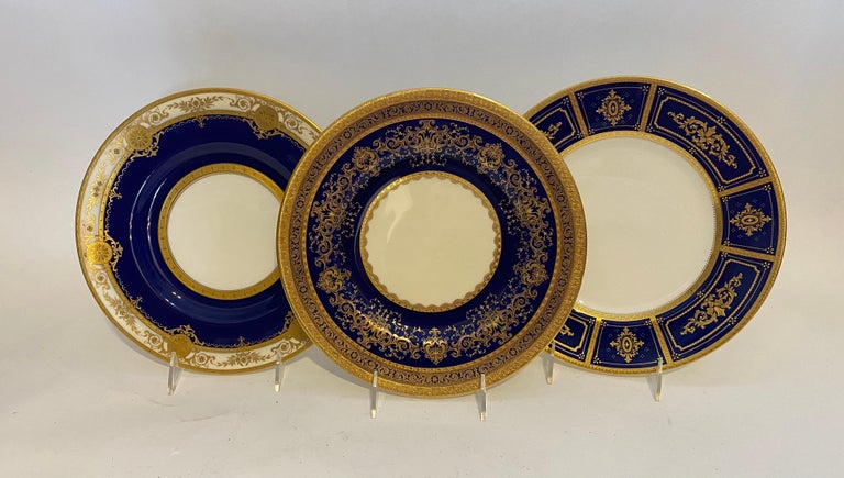 Set 12 Tiffany Cobalt and Raised Gilt Encrusted Dinner Plates, Vintage ...