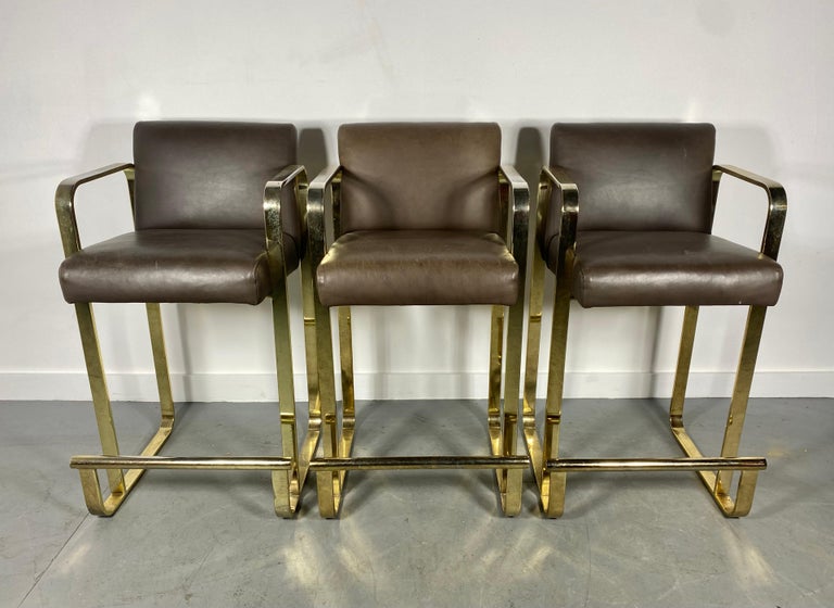 Set 3 Brass and Leather Bar / Counter Stools attributed to Shelby ...