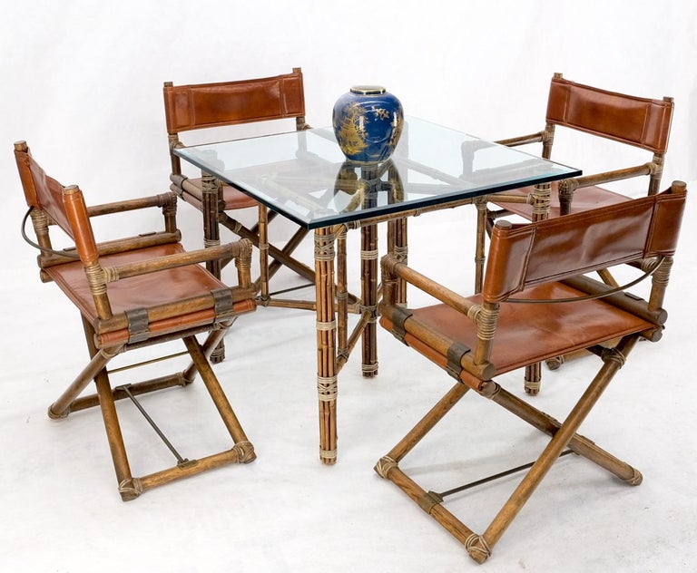 Set 4 Captain Leather Chairs Square Glass Top Dining Table Bamboo Base ...