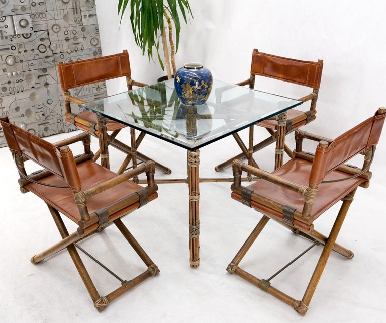 Set 4 Captain Leather Chairs Square Glass Top Dining Table Bamboo Base ...