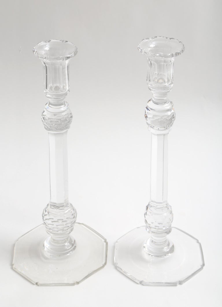 Set of 4 Cut Crystal Candlesticks, Signed Val St Lambert, Shaped Base ...