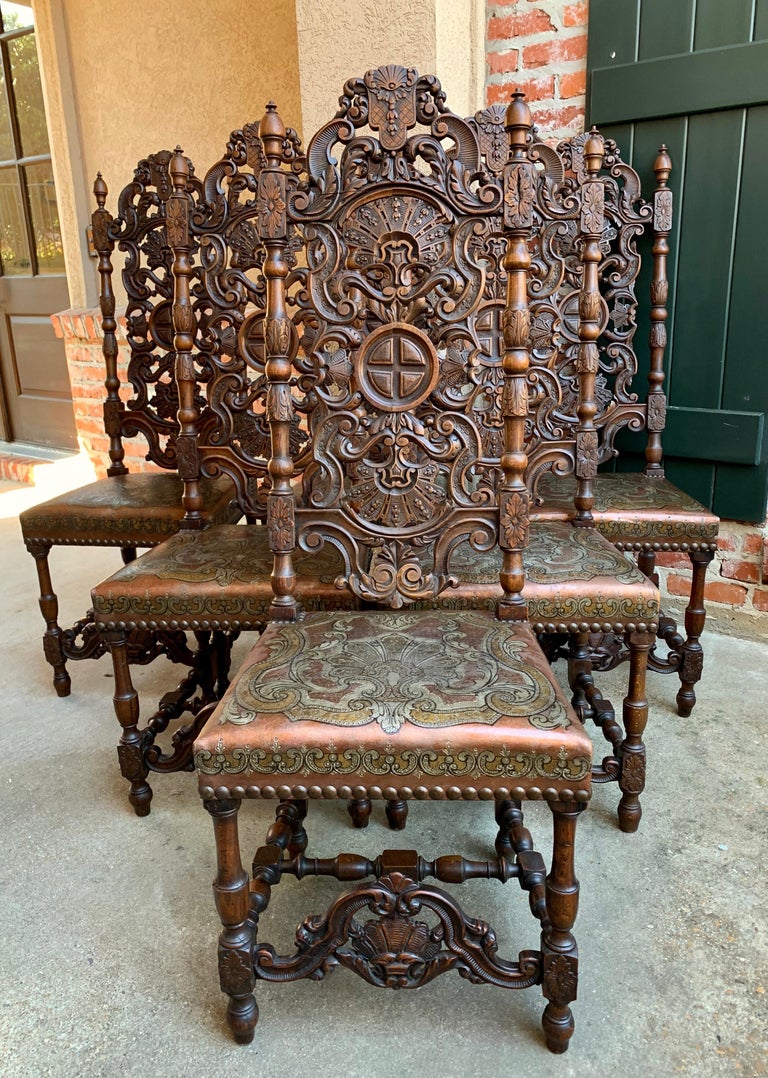 Set of 6 French Renaissance Carved Oak Dining Chair Embossed Leather ...