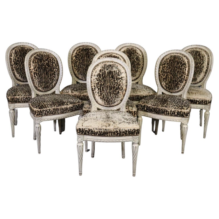 Set 8 Fine Quality Leopard Print Upholstery Painted Directoire Dining ...