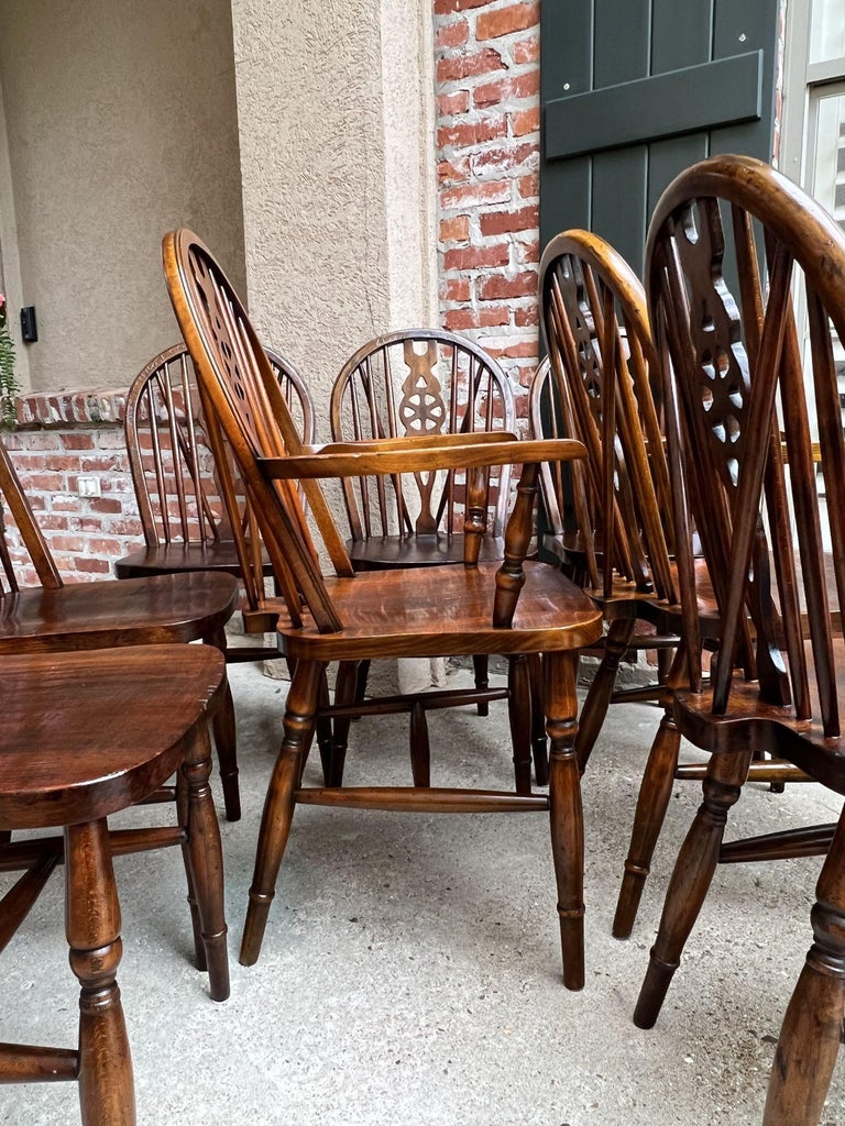 Set 8 Vintage English Dining Chairs Windsor Wheelback Dark Oak W ...