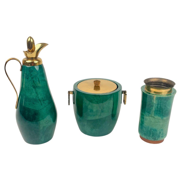 Set Barware Bar Green Goatskin and Brass by Aldo Tura for Macabo, Italy ...
